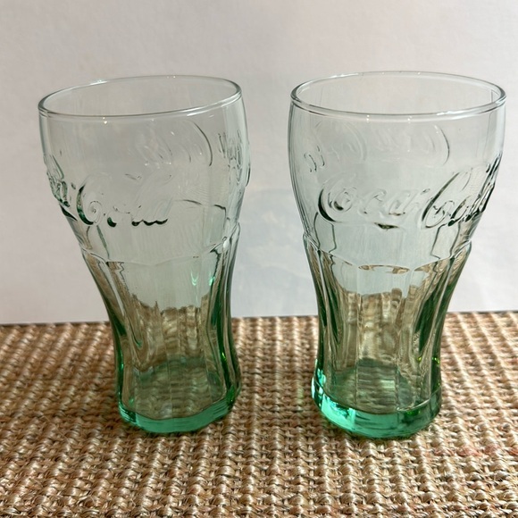 Coca Cola | Dining | Set Of 2 Green Glass Coca Cola Glasses 45in | Poshmark